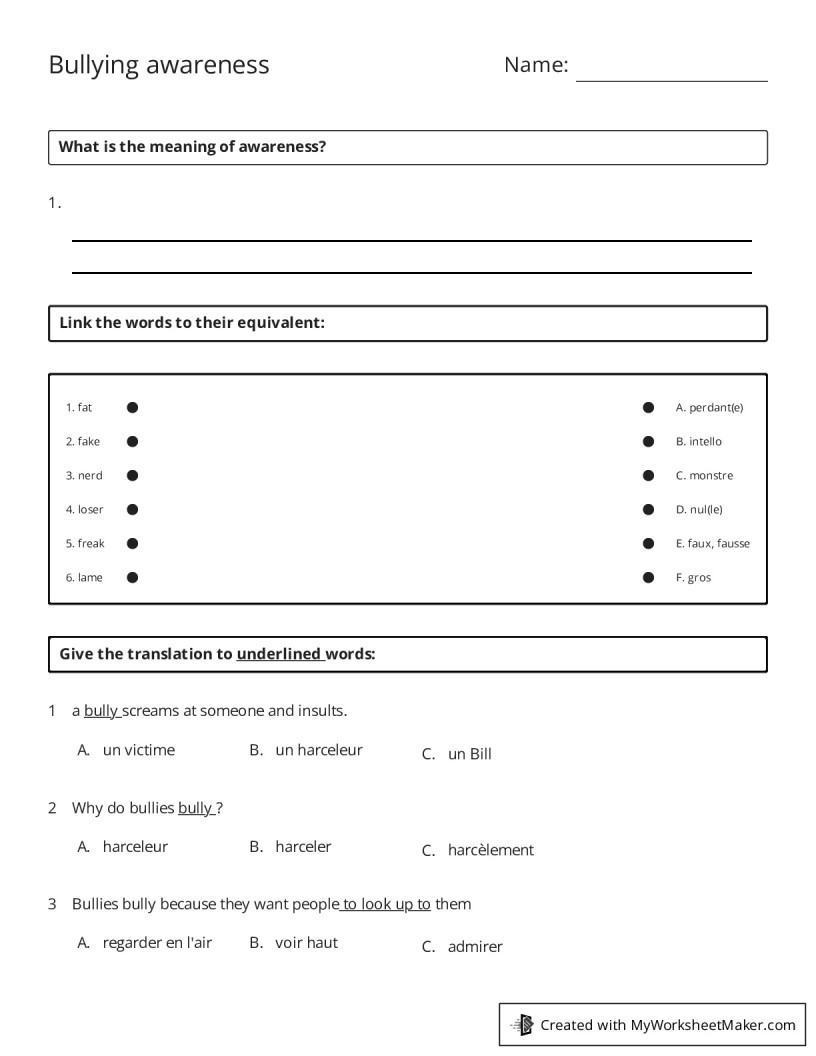 Bullying awareness - My Worksheet Maker: Create Your Own Worksheets