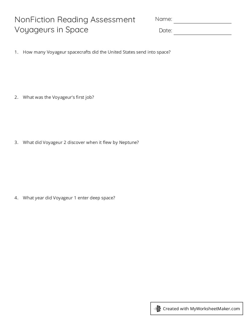 NonFiction Reading AssessmentVoyageurs in Space - My Worksheet Maker ...