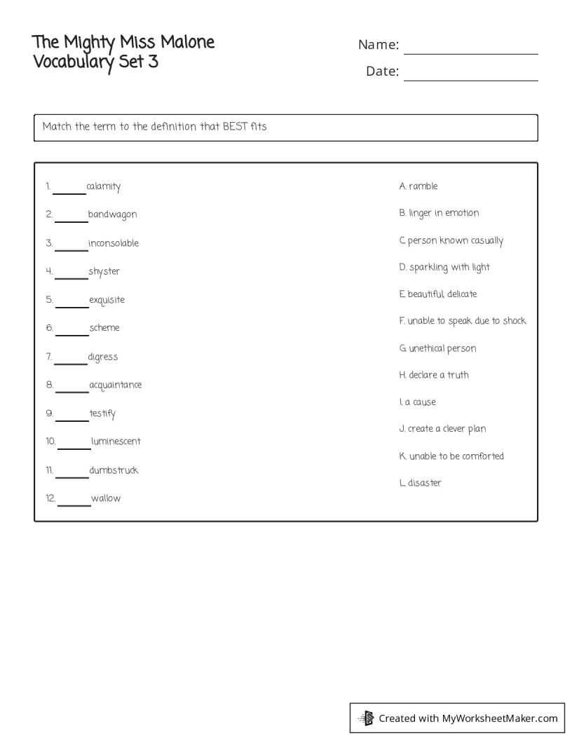 The Mighty Miss Malone Vocabulary Set 3 ﻿ - My Worksheet Maker: Create ...