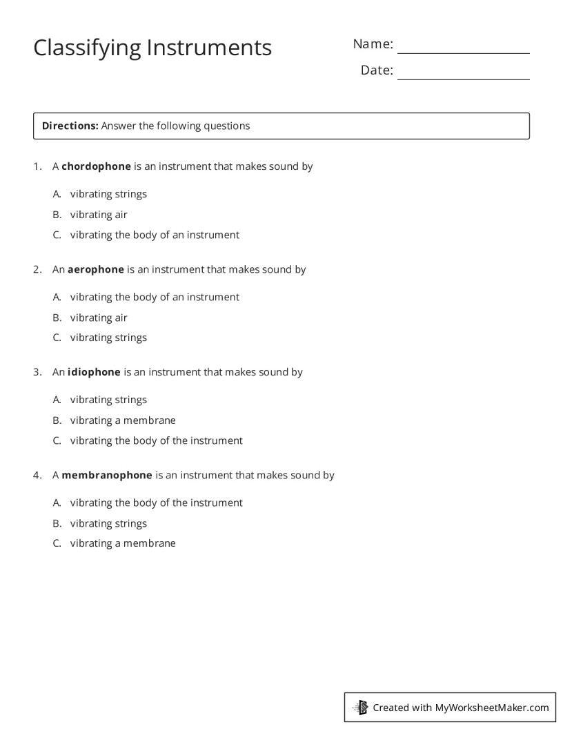 Classifying Instruments - My Worksheet Maker: Create Your Own Worksheets