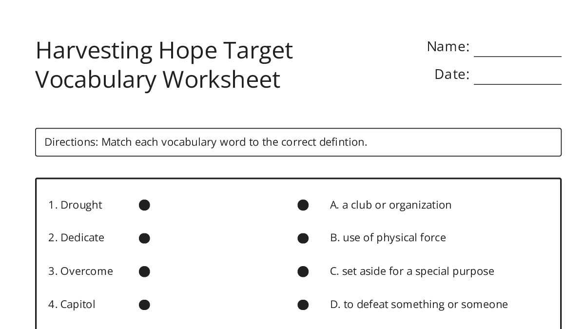 Harvesting Hope Target Vocabulary Worksheet - My Worksheet Maker ...