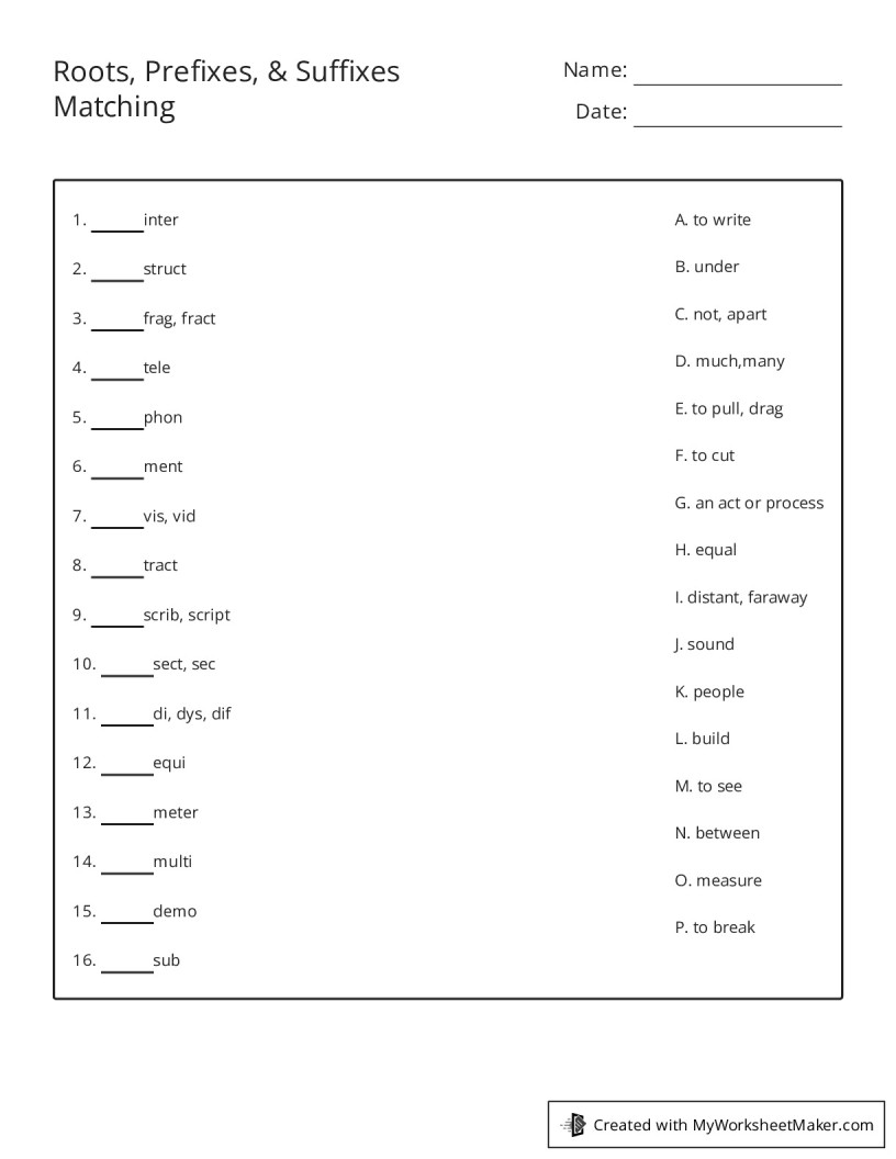 Roots, Prefixes, & Suffixes Matching - My Worksheet Maker: Create Your ...