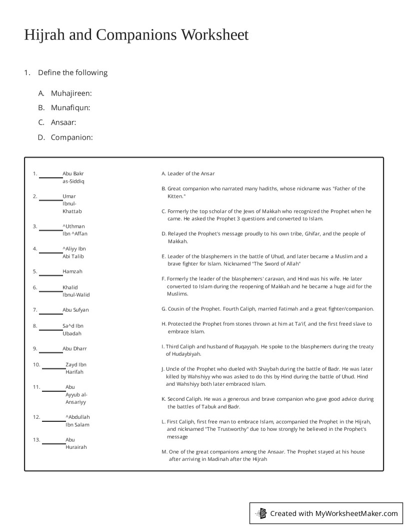 Hijrah and Companions Worksheet - My Worksheet Maker: Create Your Own ...
