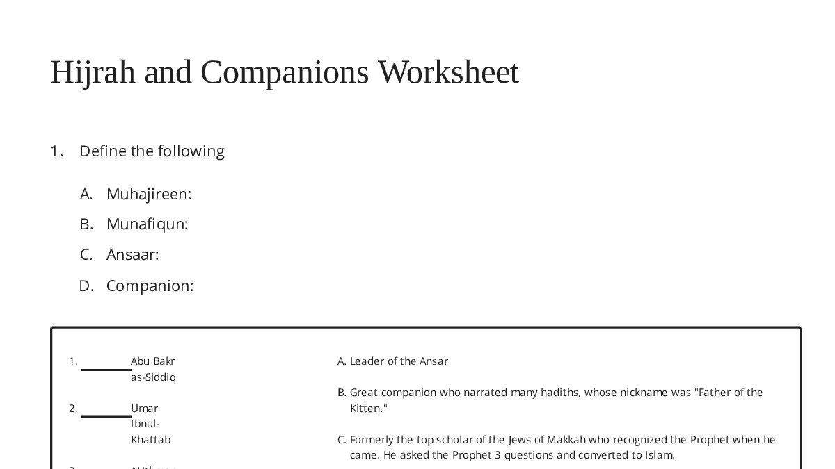 Hijrah and Companions Worksheet - My Worksheet Maker: Create Your Own ...