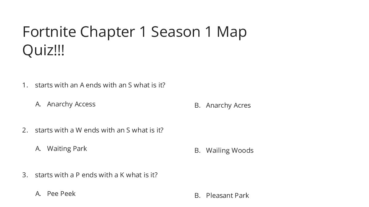 Fortnite Chapter 1 Season 1 Map Quiz!!! - My Worksheet Maker: Create ...