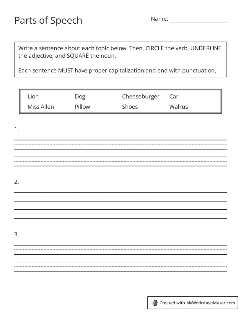 Parts of Speech - My Worksheet Maker: Create Your Own Worksheets