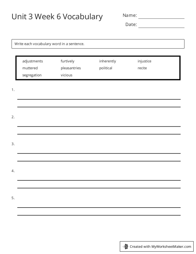 Unit 3 Week 6 Vocabulary - My Worksheet Maker: Create Your Own Worksheets