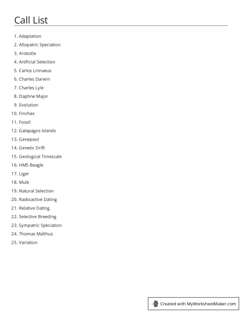 Evolution and Natural Selection - My Bingo Maker: Create Your Own Bingo ...