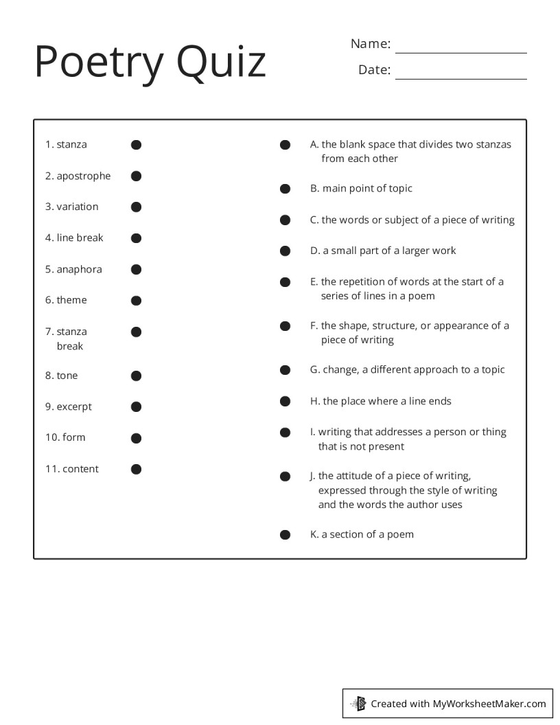 Poetry Quiz - My Worksheet Maker: Create Your Own Worksheets