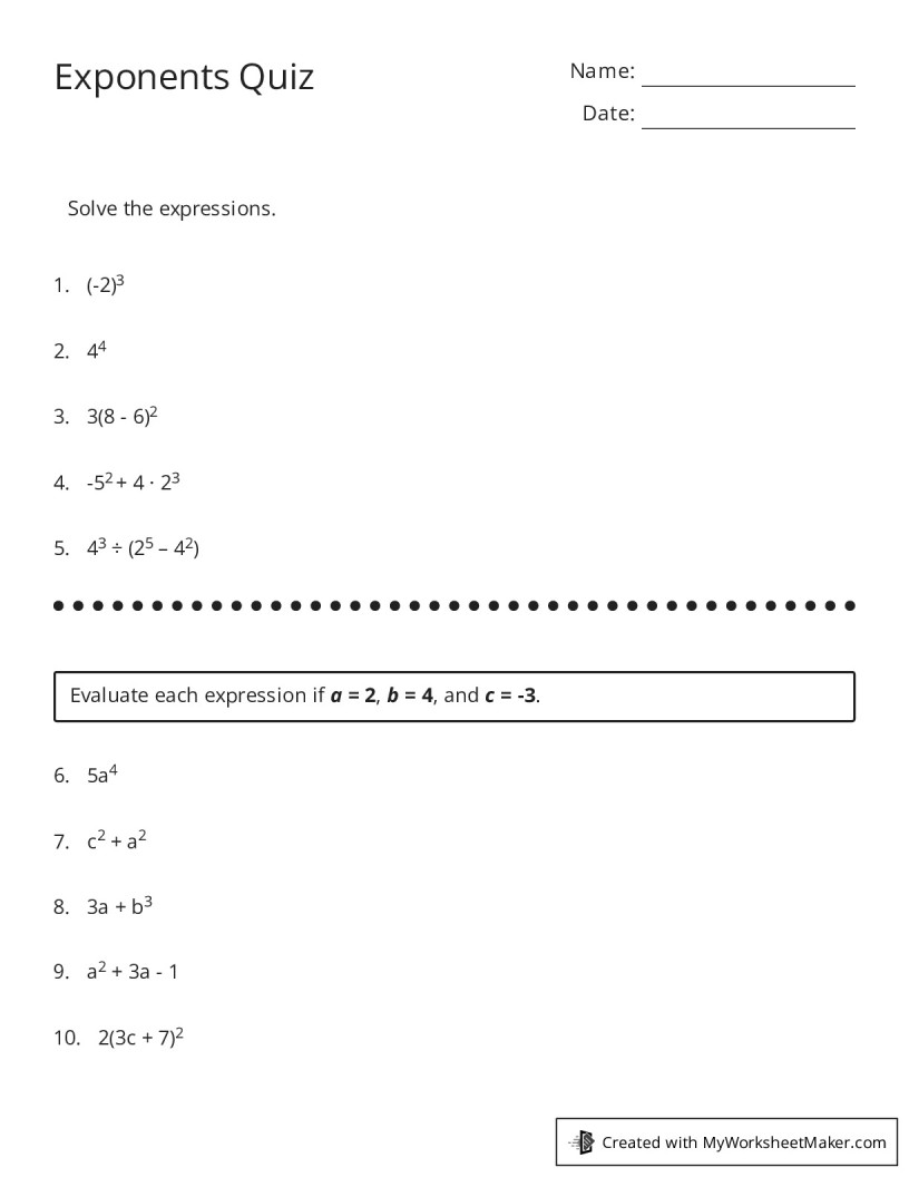 Exponents Quiz - My Worksheet Maker: Create Your Own Worksheets