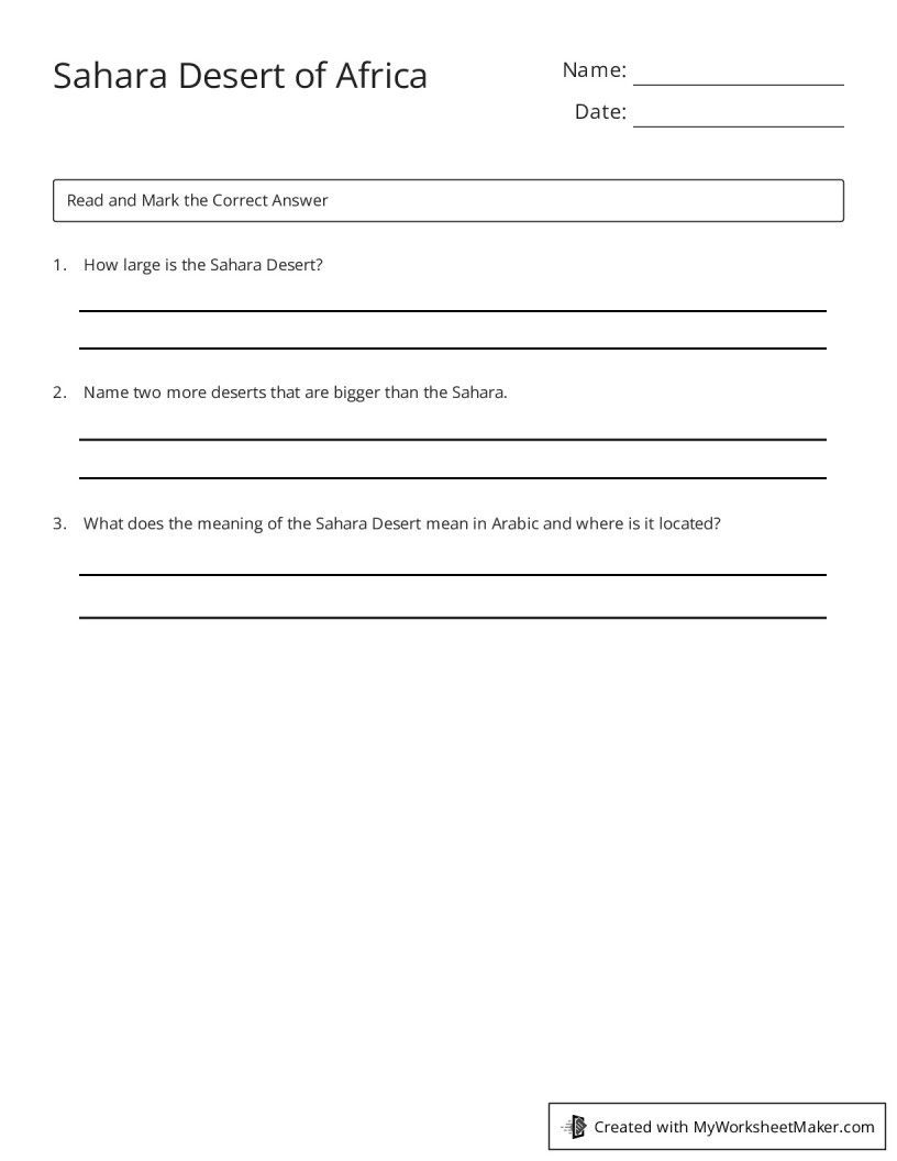 Sahara Desert of Africa - My Worksheet Maker: Create Your Own Worksheets