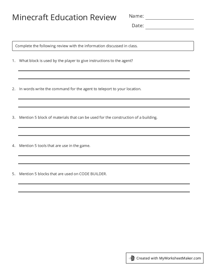 Minecraft Education Review - My Worksheet Maker: Create Your Own Worksheets