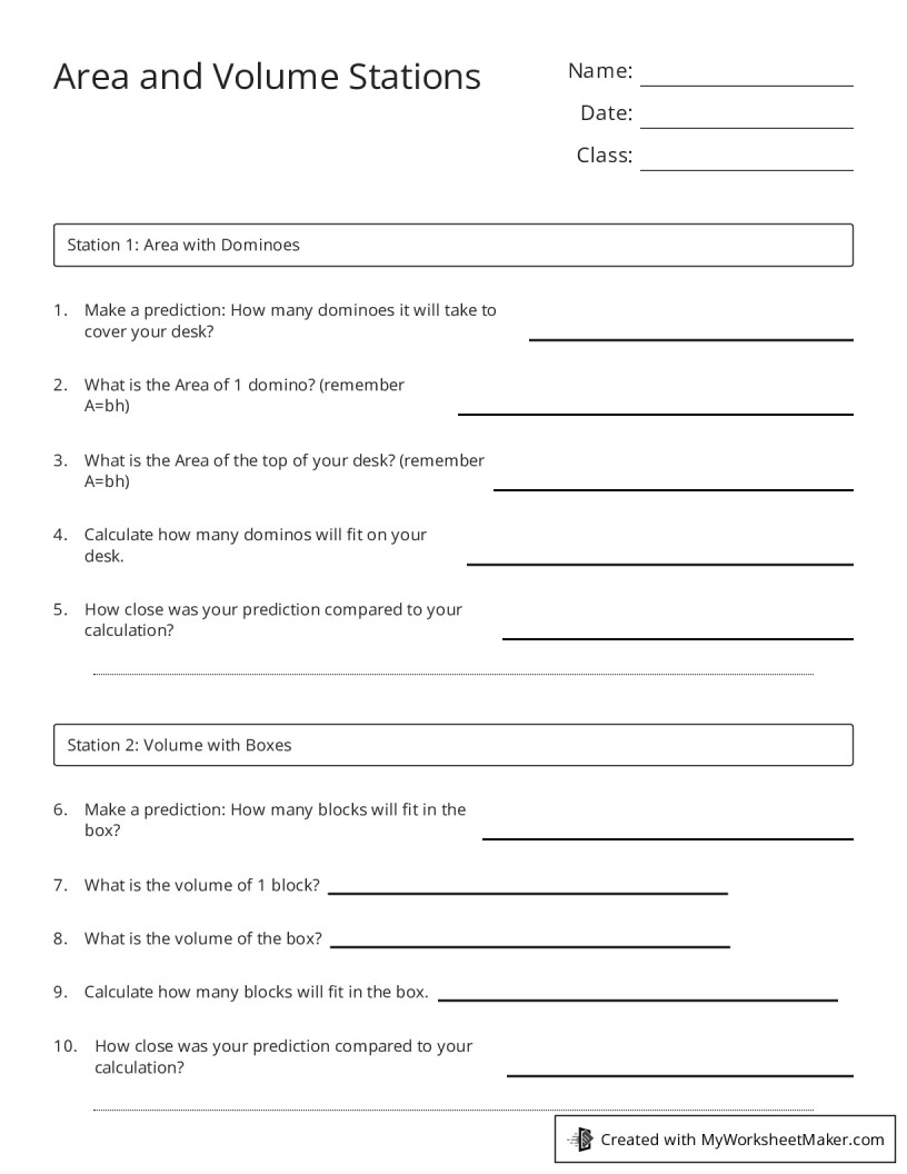 Area and Volume Stations - My Worksheet Maker: Create Your Own Worksheets