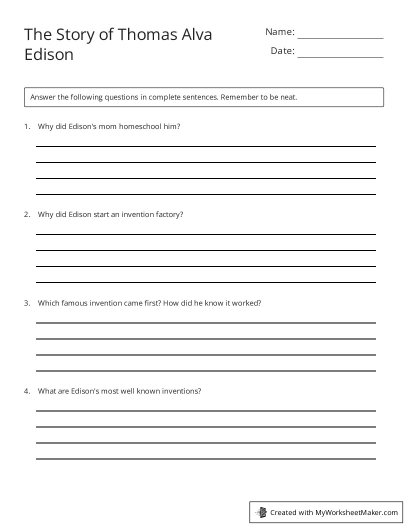 The Story of Thomas Alva Edison - My Worksheet Maker: Create Your Own ...