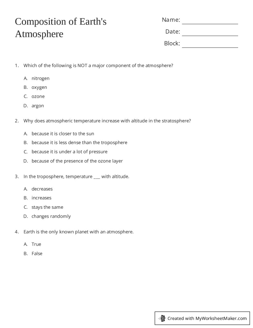 Composition of Earth's Atmosphere - My Worksheet Maker: Create Your Own ...