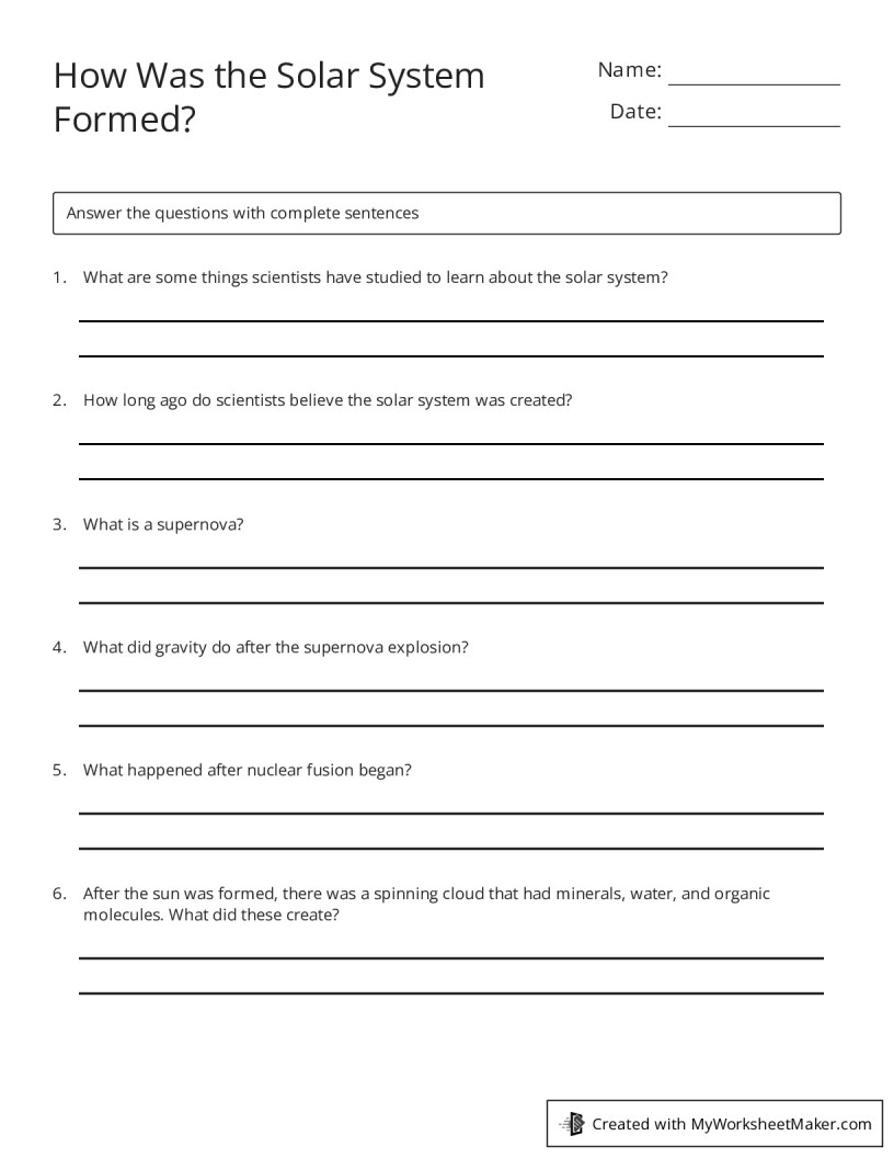 How Was the Solar System Formed? - My Worksheet Maker: Create Your Own ...