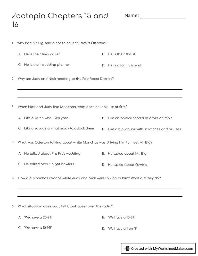 Zootopia Chapters 15 and 16 - My Worksheet Maker: Create Your Own ...