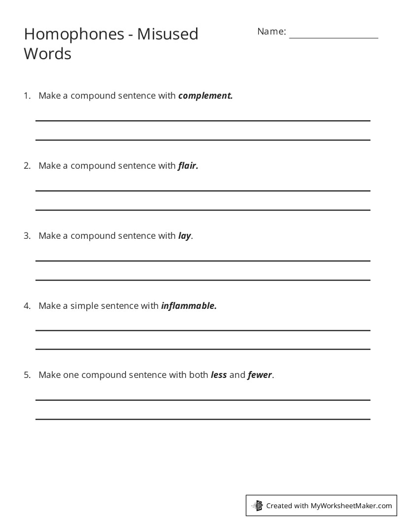 Homophones - Misused Words - My Worksheet Maker: Create Your Own Worksheets