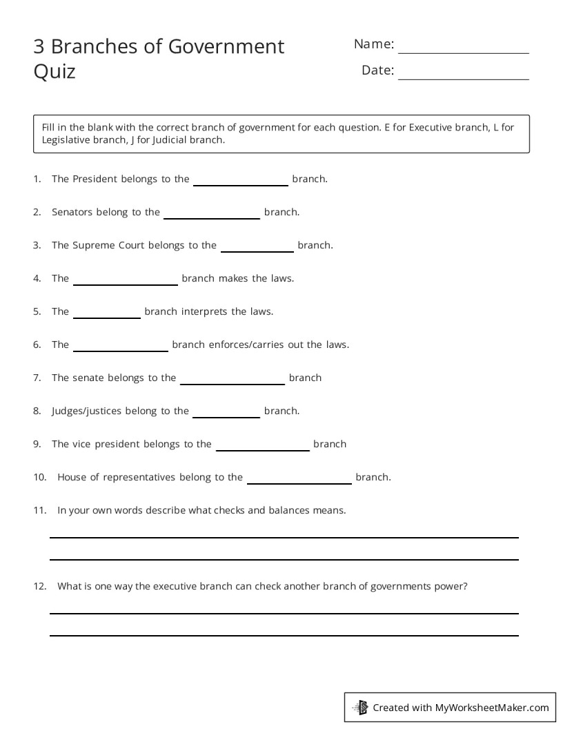 3 Branches of Government Quiz - My Worksheet Maker: Create Your Own ...