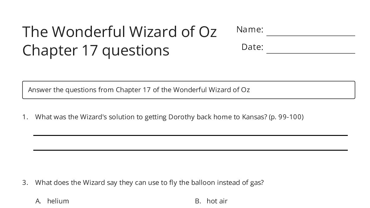 The Wonderful Wizard of Oz Chapter 17 questions - My Worksheet Maker ...