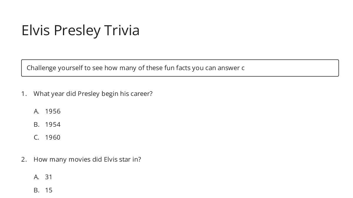 Elvis Presley Trivia - My Worksheet Maker: Create Your Own Worksheets