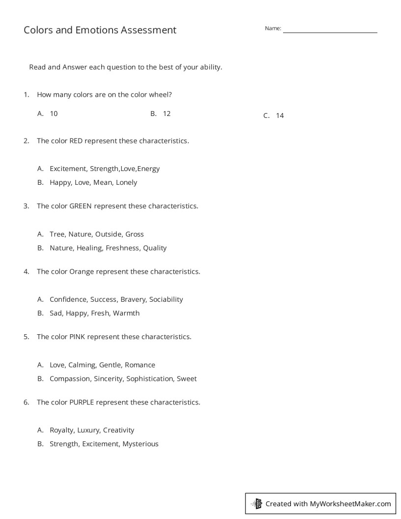 Colors and Emotions Assessment - My Worksheet Maker: Create Your Own ...