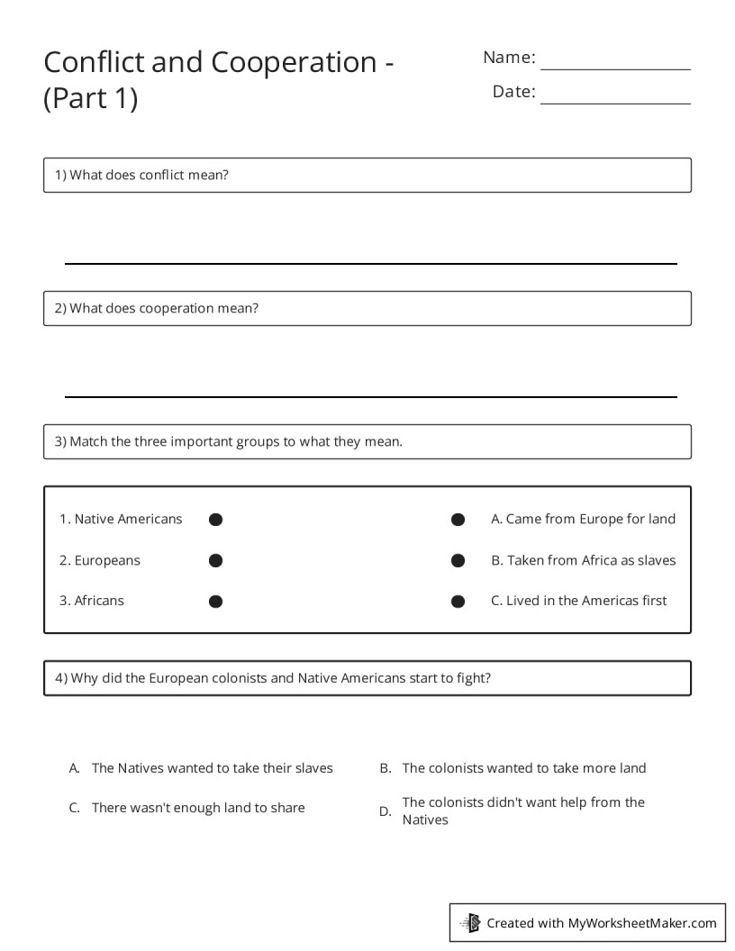 Conflict and Cooperation - (Part 1) - My Worksheet Maker: Create Your ...