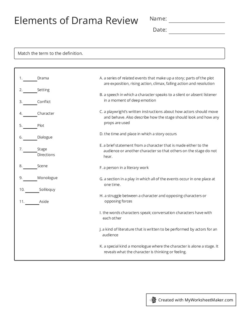 Elements of Drama Review - My Worksheet Maker: Create Your Own Worksheets