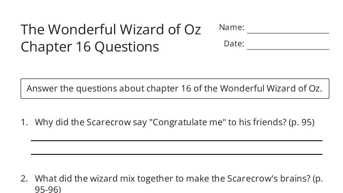 The Wonderful Wizard of Oz Chapter 16 Questions - My Worksheet Maker ...