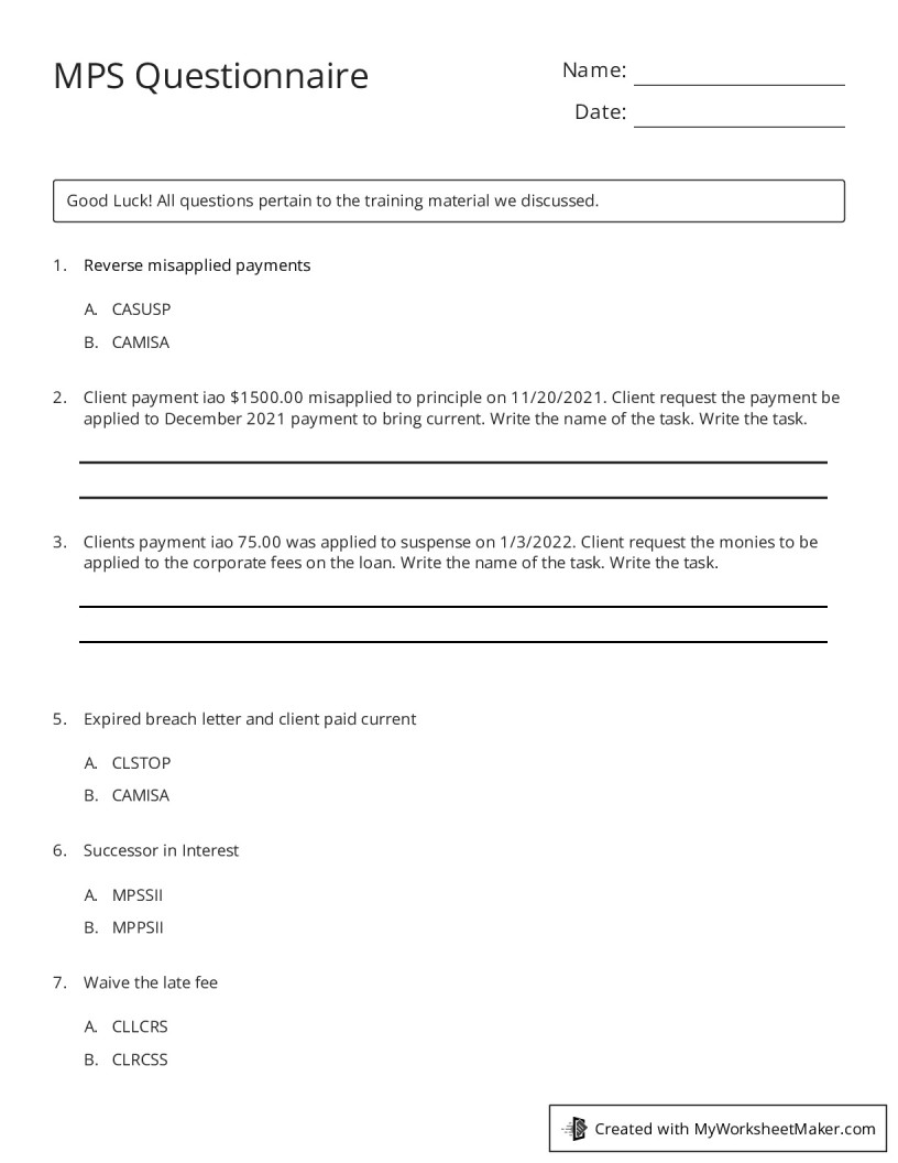 MPS Questionnaire - My Worksheet Maker: Create Your Own Worksheets