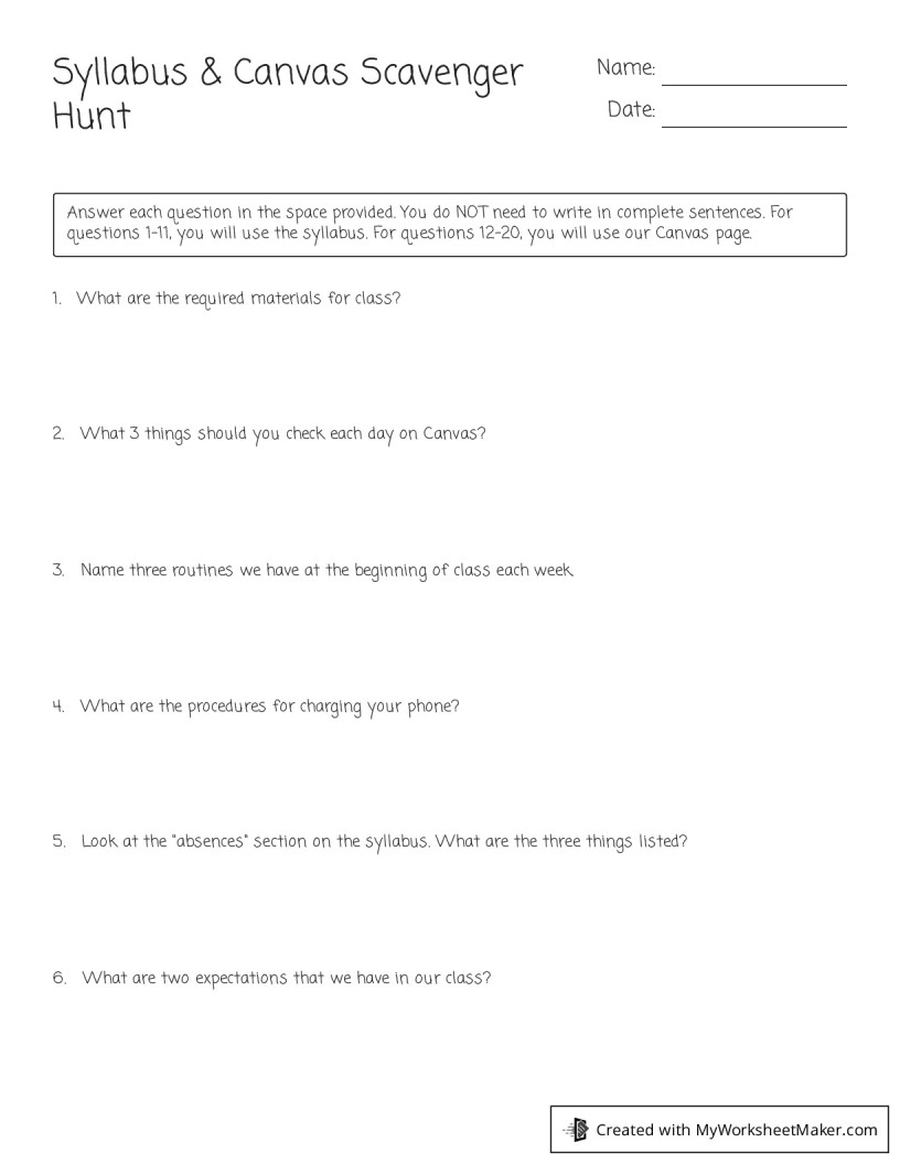 Syllabus & Canvas Scavenger Hunt - My Worksheet Maker: Create Your Own ...