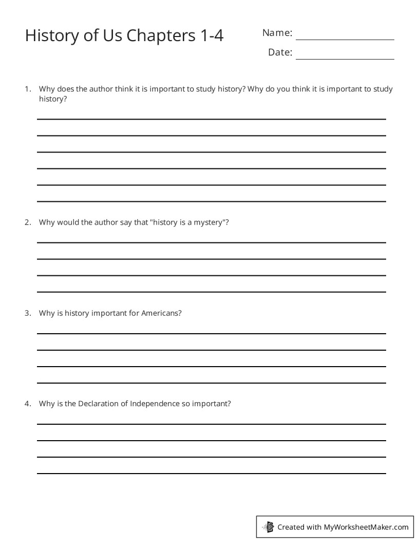 History of Us Chapters 1-4 - My Worksheet Maker: Create Your Own Worksheets