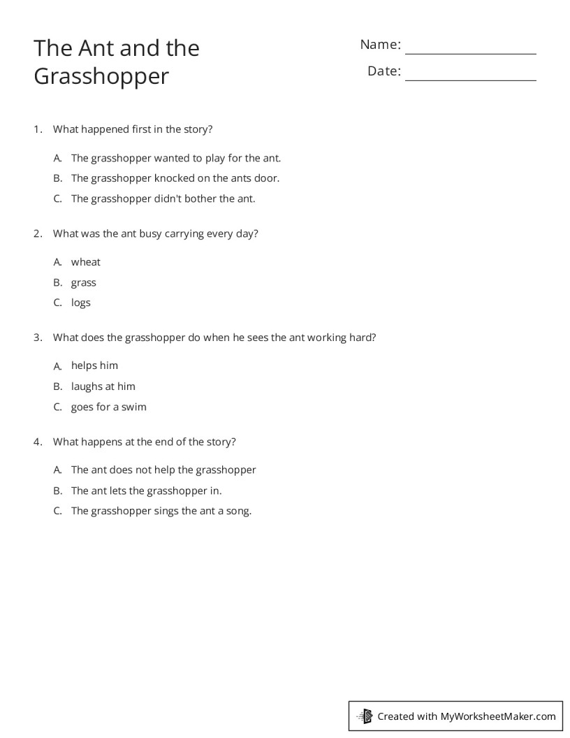 The Ant and the Grasshopper - My Worksheet Maker: Create Your Own Worksheets