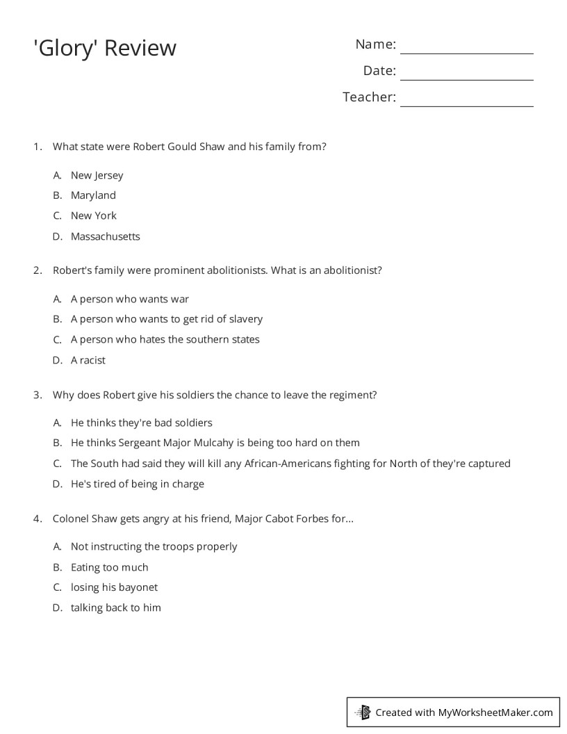 'Glory' Review - My Worksheet Maker: Create Your Own Worksheets