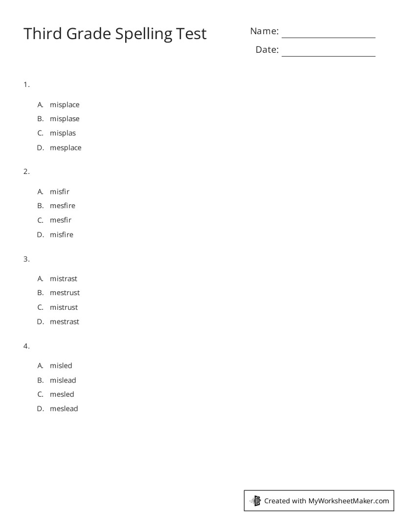 Third Grade Spelling Test - My Worksheet Maker: Create Your Own Worksheets