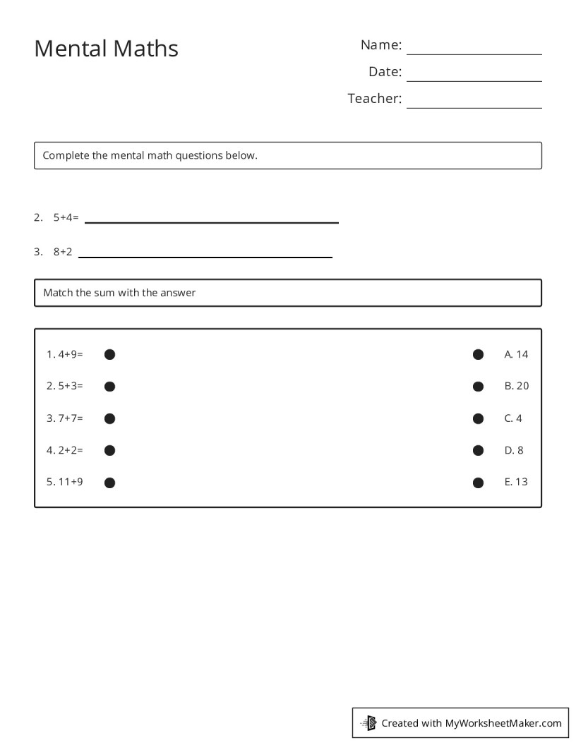 Mental Maths - My Worksheet Maker: Create Your Own Worksheets