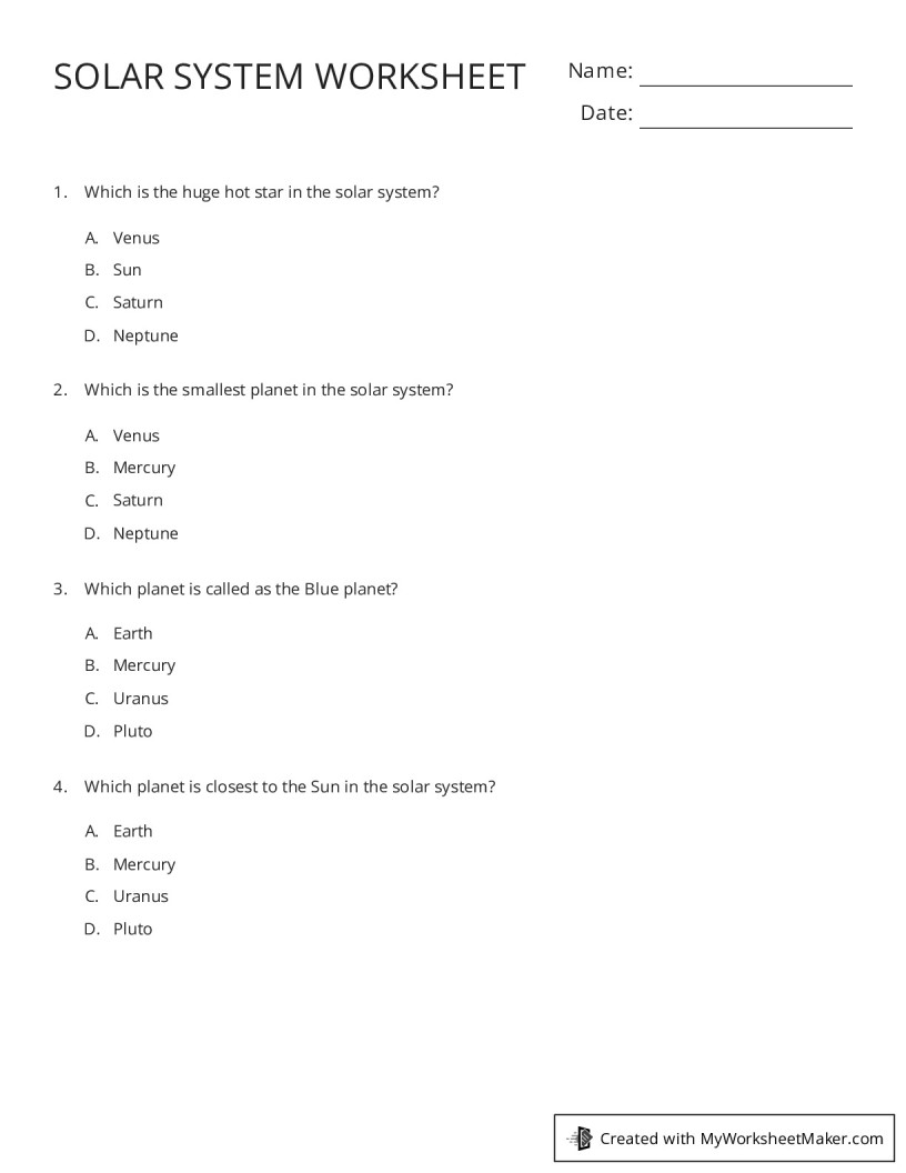 SOLAR SYSTEM WORKSHEET - My Worksheet Maker: Create Your Own Worksheets