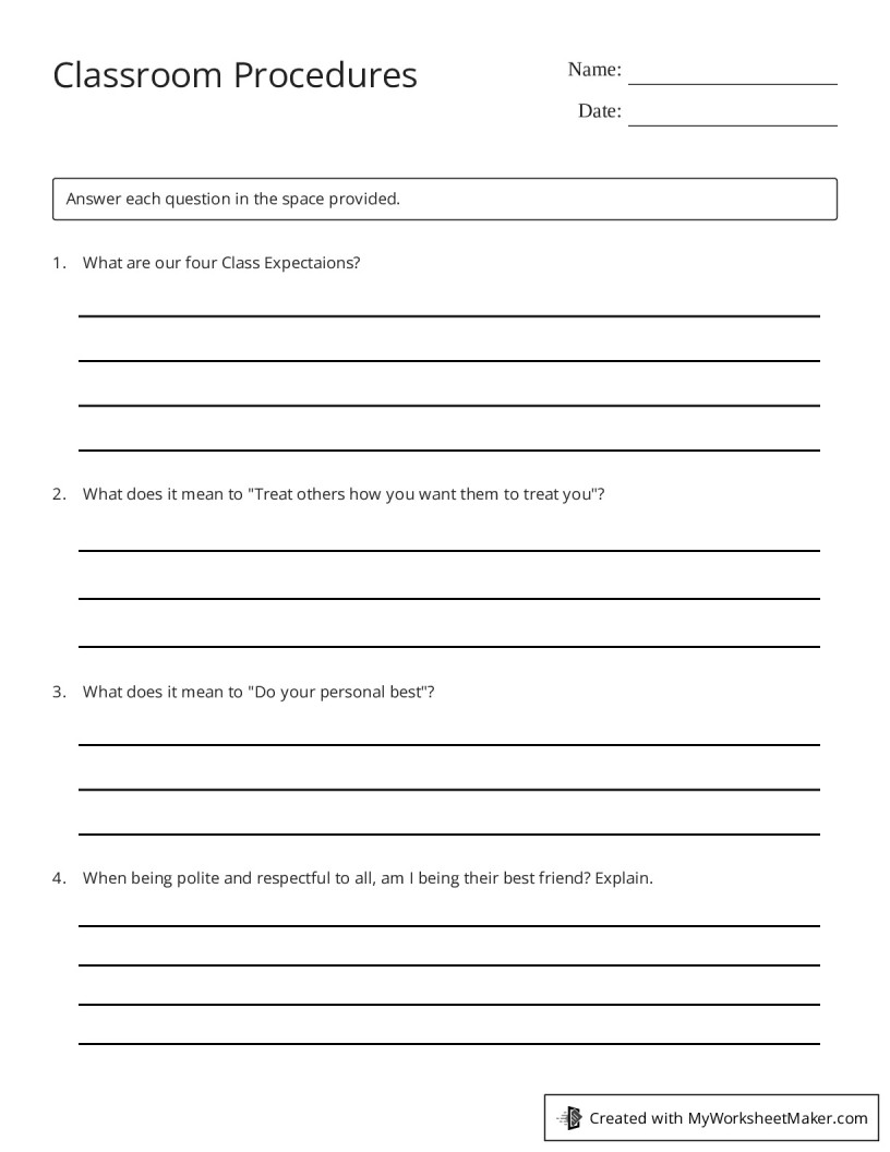 Classroom Procedures - My Worksheet Maker: Create Your Own Worksheets