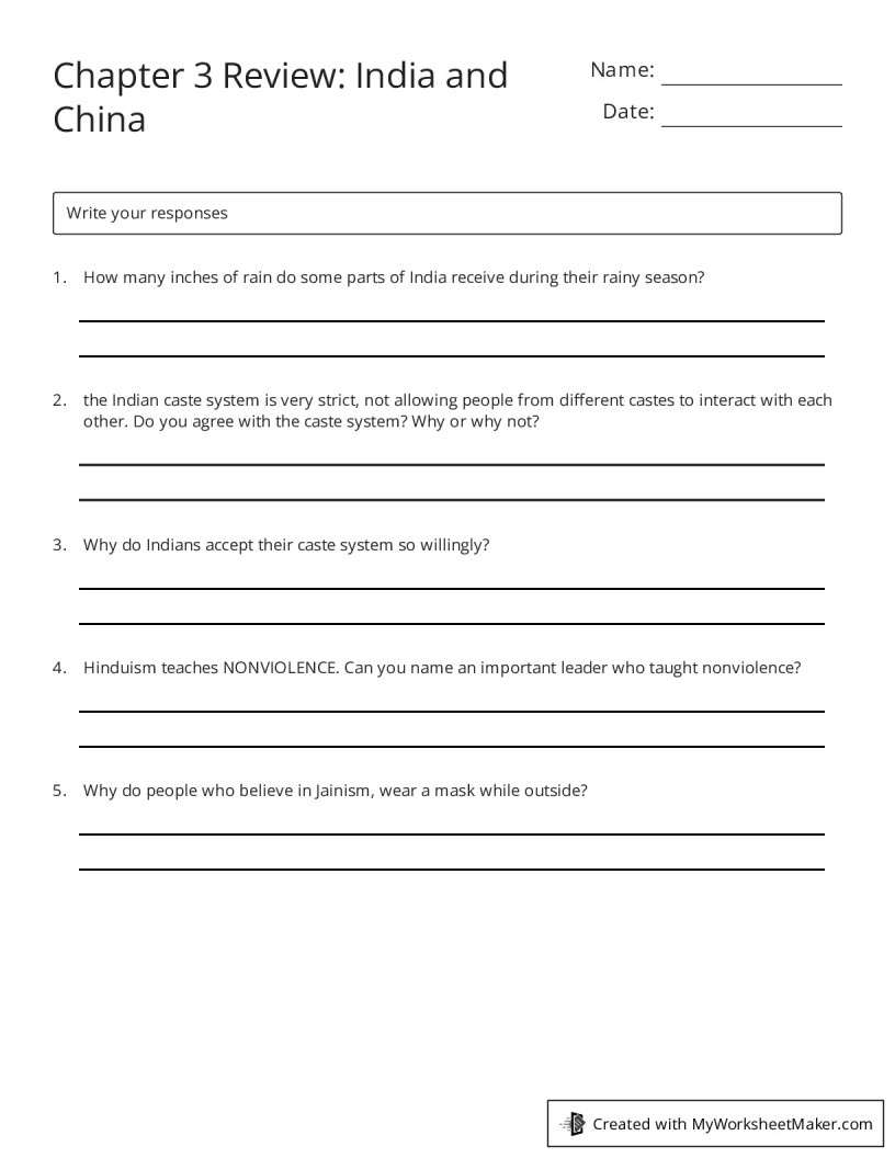 Chapter 3 Review: India and China - My Worksheet Maker: Create Your Own ...