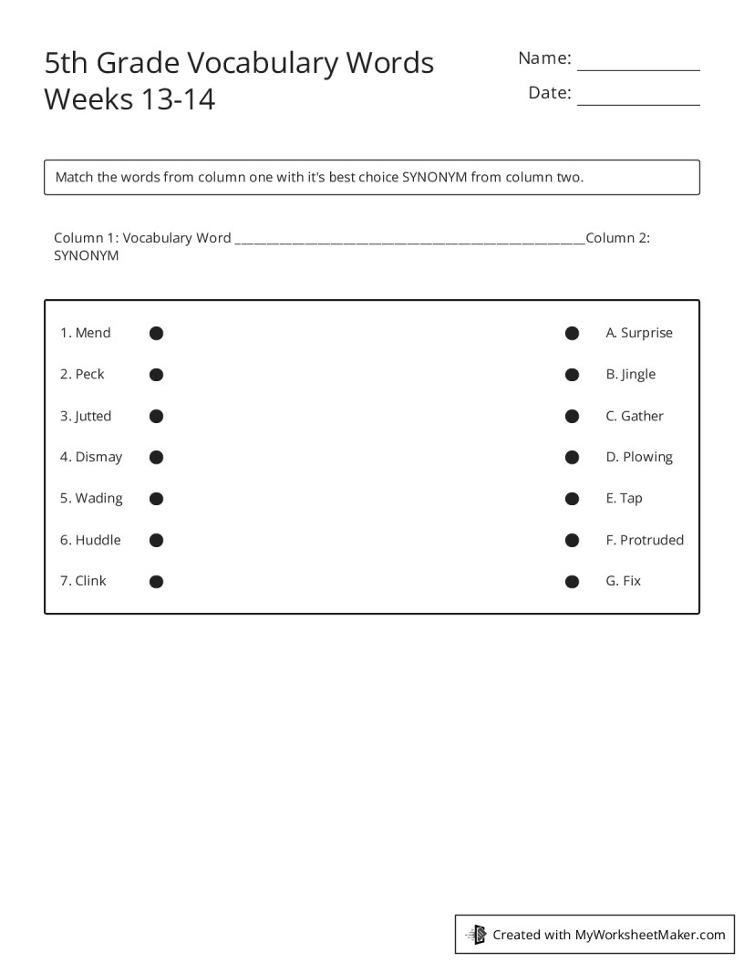 5th Grade Vocabulary Words Weeks 13-14 - My Worksheet Maker: Create ...