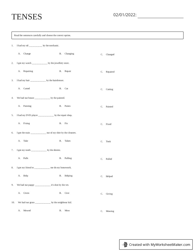 TENSES - My Worksheet Maker: Create Your Own Worksheets