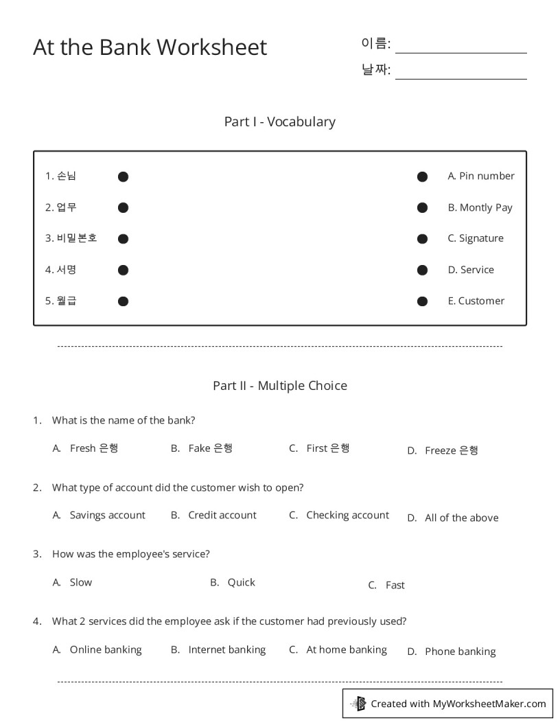 At the Bank Worksheet - My Worksheet Maker: Create Your Own Worksheets