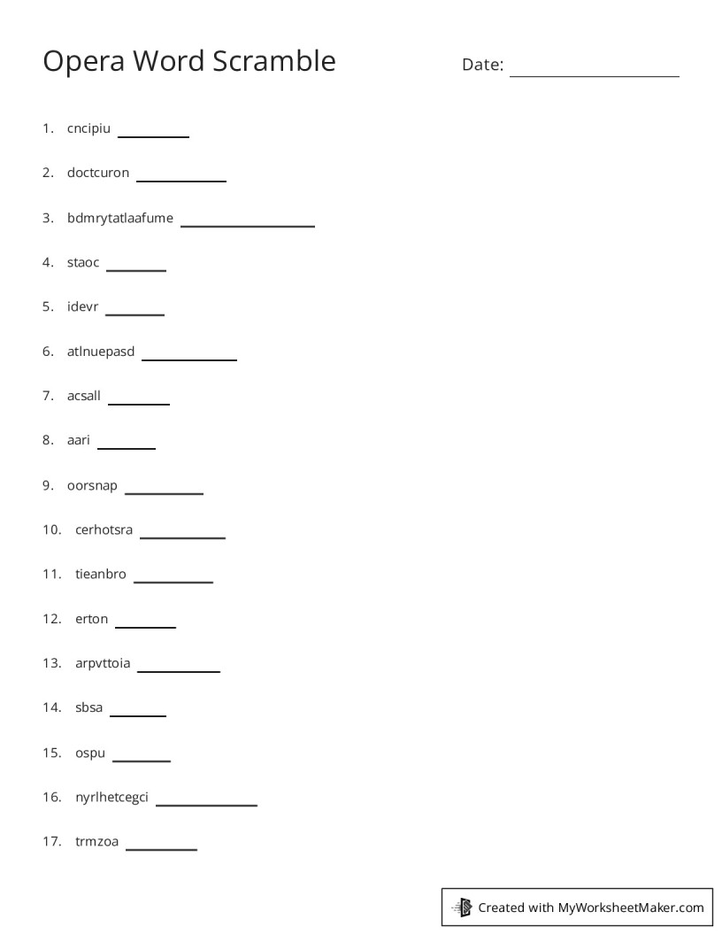 Opera Word Scramble - My Worksheet Maker: Create Your Own Worksheets