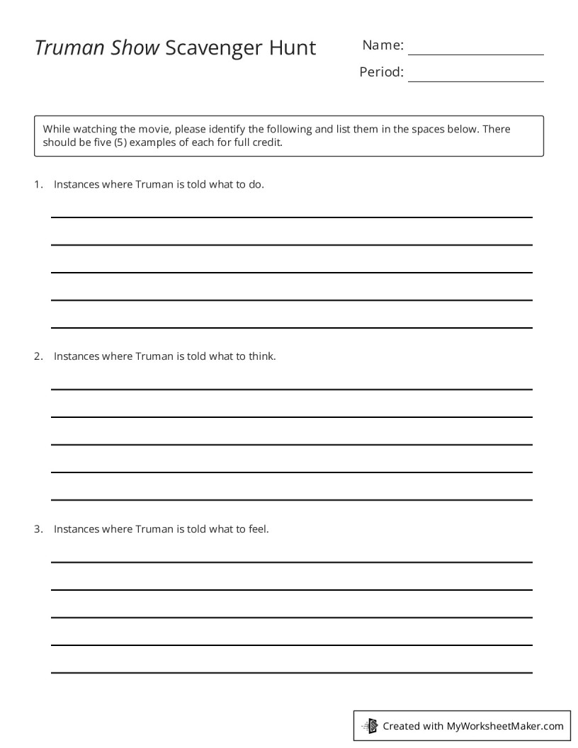 Truman Show Scavenger Hunt - My Worksheet Maker: Create Your Own Worksheets