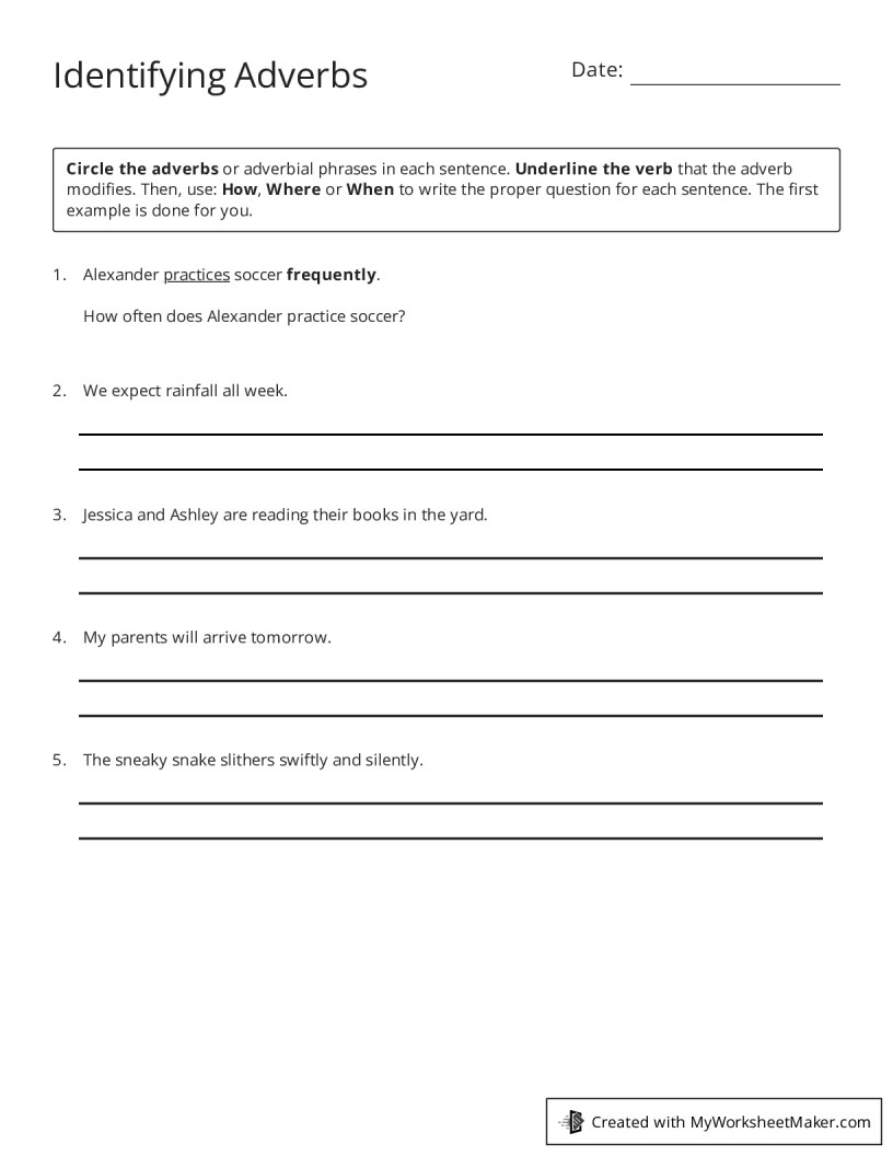 Identifying Adverbs - My Worksheet Maker: Create Your Own Worksheets