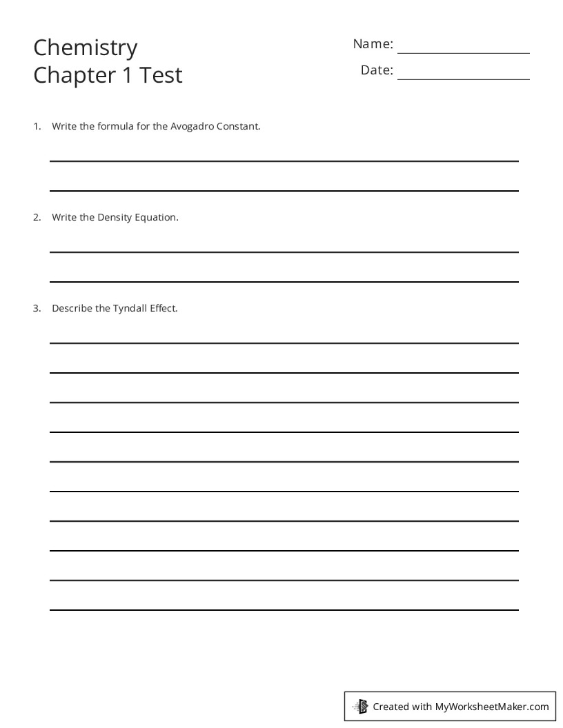 Chemistry Chapter 1 Test - My Worksheet Maker: Create Your Own Worksheets