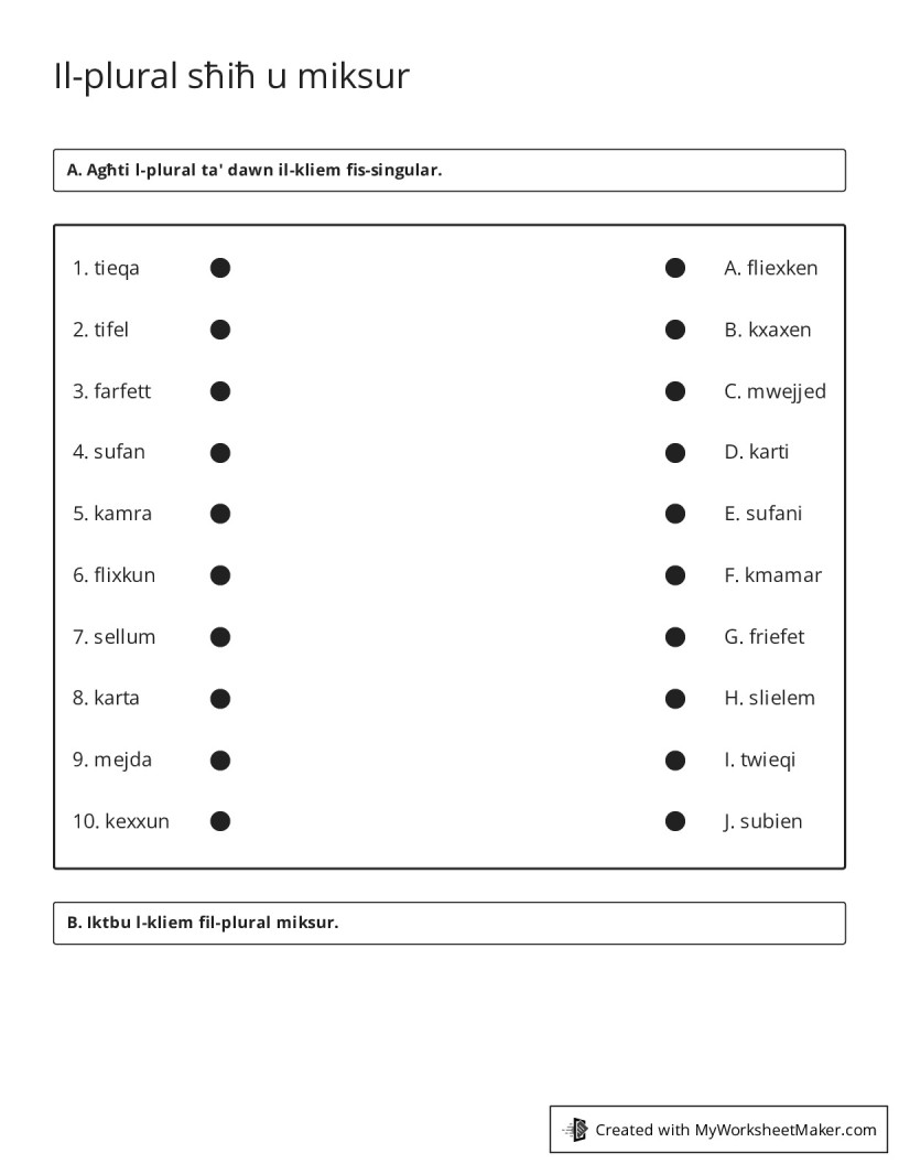 Il-plural sħiħ u miksur - My Worksheet Maker: Create Your Own Worksheets