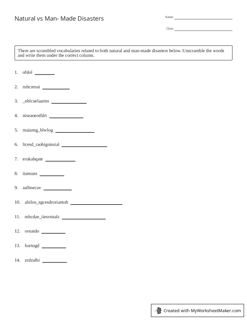 Natural vs Man- Made Disasters - My Worksheet Maker: Create Your Own ...