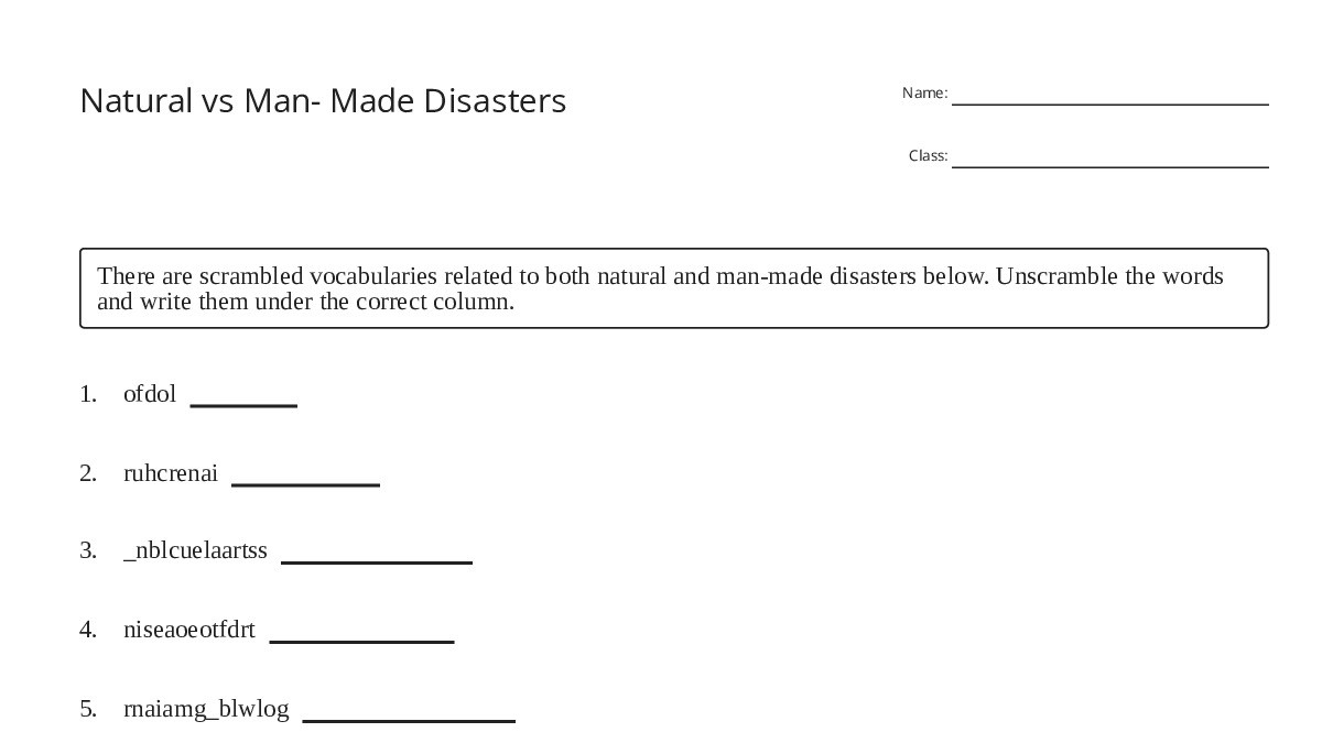 Natural vs Man- Made Disasters - My Worksheet Maker: Create Your Own ...