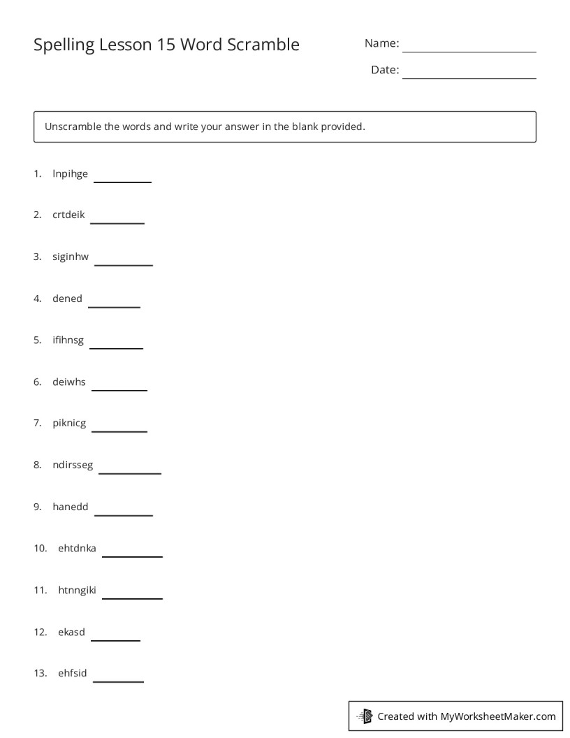Spelling Lesson 15 Word Scramble - My Worksheet Maker: Create Your Own Worksheets
